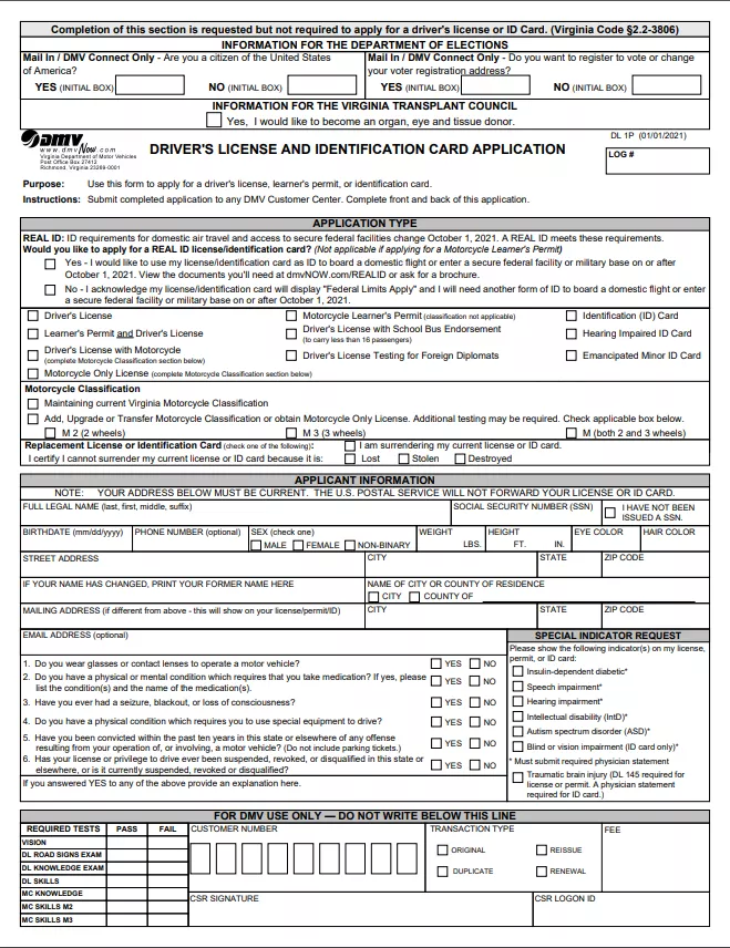Fillable Form Virginia Driver's License Renewal Form (2021)