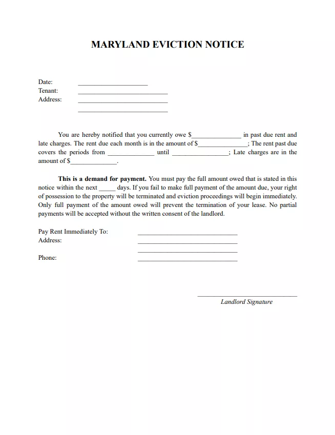 Fillable Form Maryland Eviction Notice | Edit, Sign & Download in PDF | PDFRun