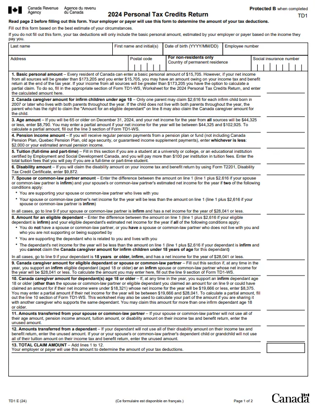 Fillable Form TD1 (2024) | Edit, Sign & Download in PDF | PDFRun