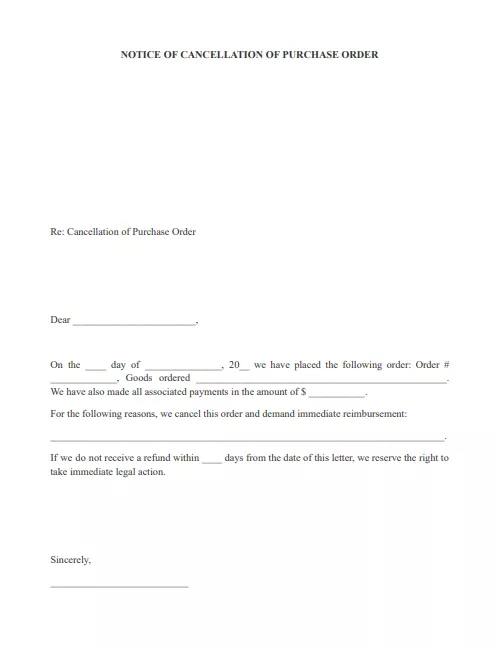 Fillable Form Notice of Cancellation of Purchase Order | PDFRun