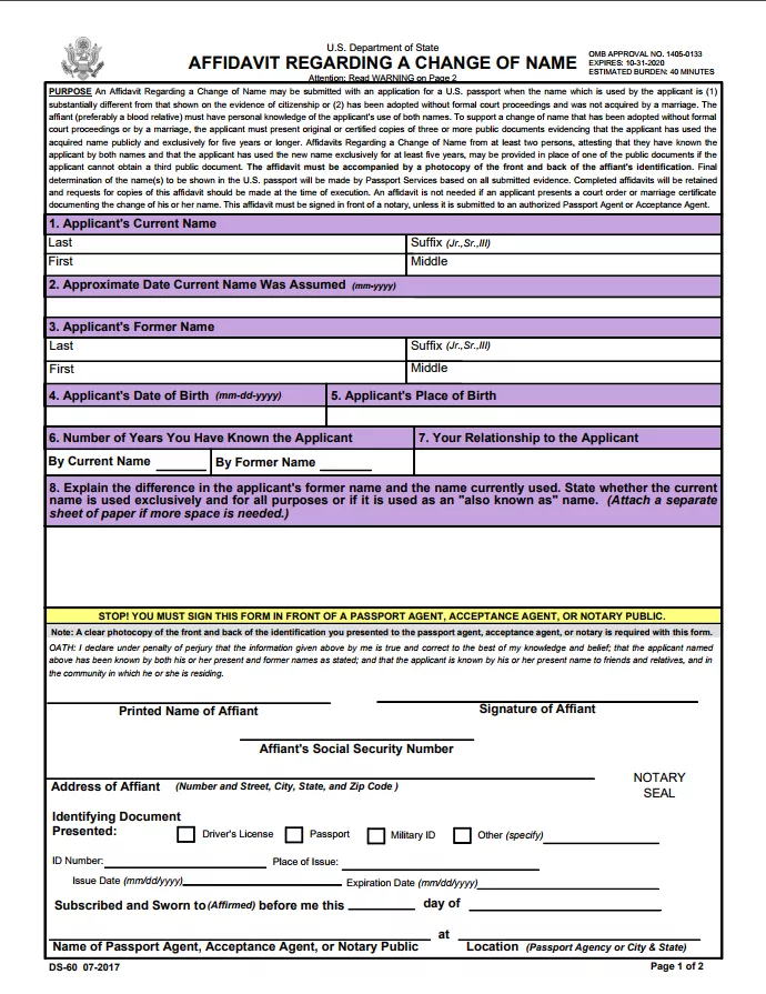 Fillable Form DS-60 Affidavit Regarding a Change of Name (2017)