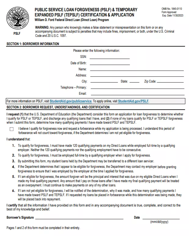 Fillable Form Temporary Expanded Public Service Loan Forgiveness