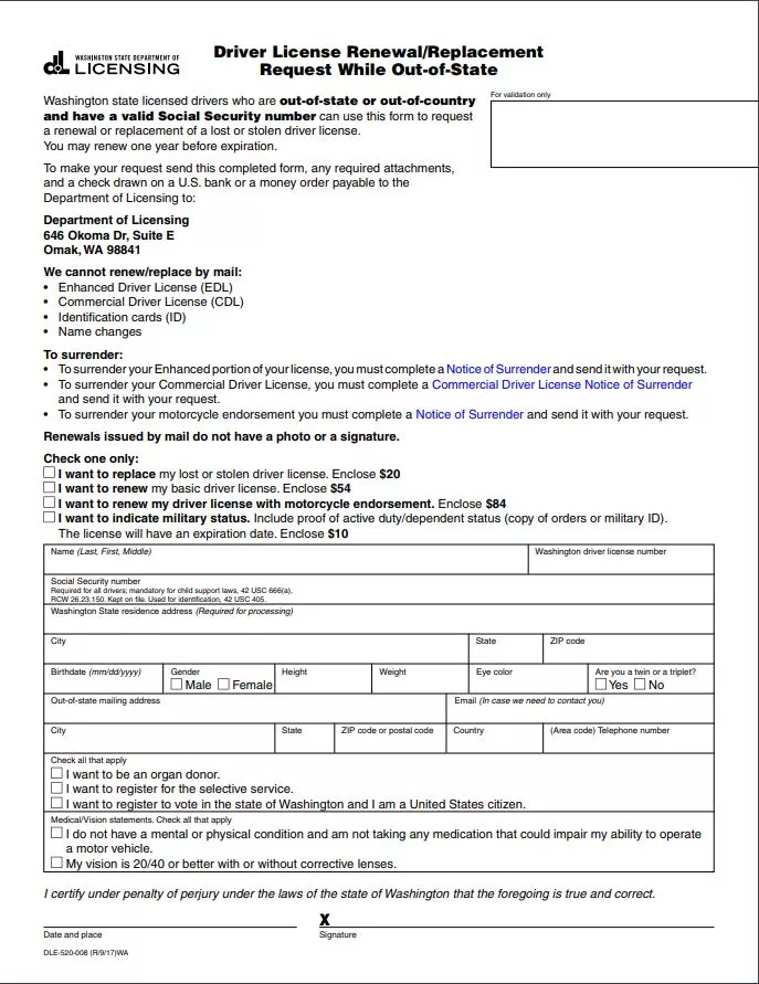 Fillable Form DLE-520-008 Washington Driver License Replacement