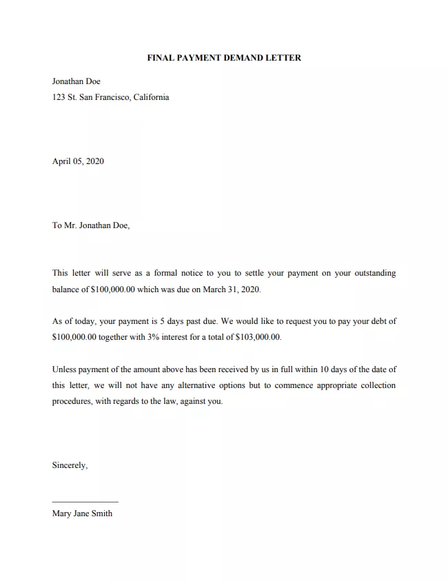 Fillable Form Final Payment Demand Letter | PDFRun
