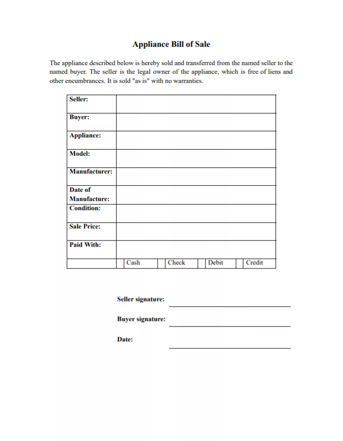 Fillable Form Appliance Bill of Sale | PDFRun