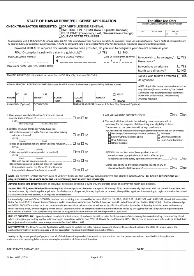 Fillable Form Hawaii Driver's License Renewal | PDFRun