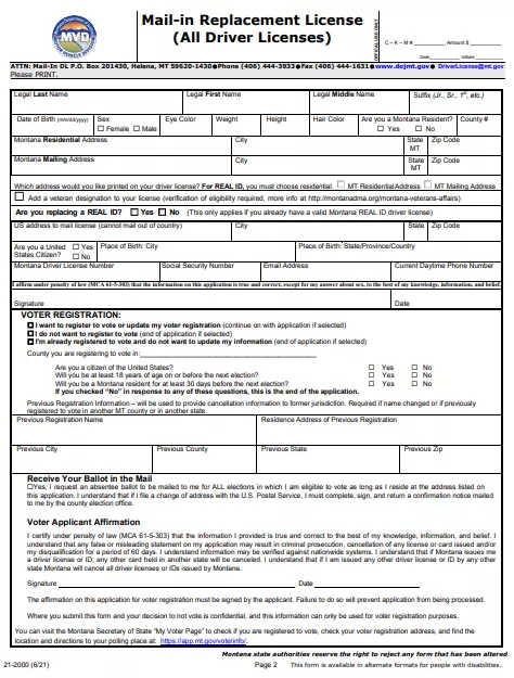 Fillable Form Montana Driver License Replacement (2021)
