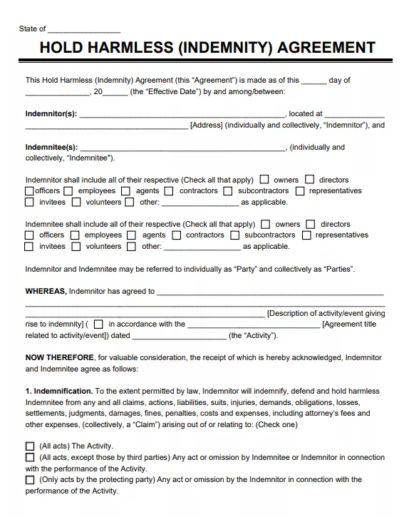 Fillable Form Hold Harmless Agreement | PDFRun