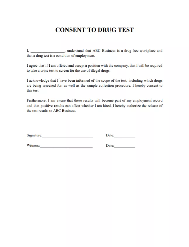 Fillable Form Consent to Drug Test | Edit, Sign & Download in PDF | PDFRun