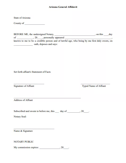 Fillable Form Arizona General Affidavit | PDFRun