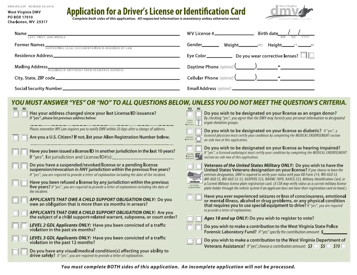 Fillable Form DMV West Virginia Driver's License Replacement (2018 ...