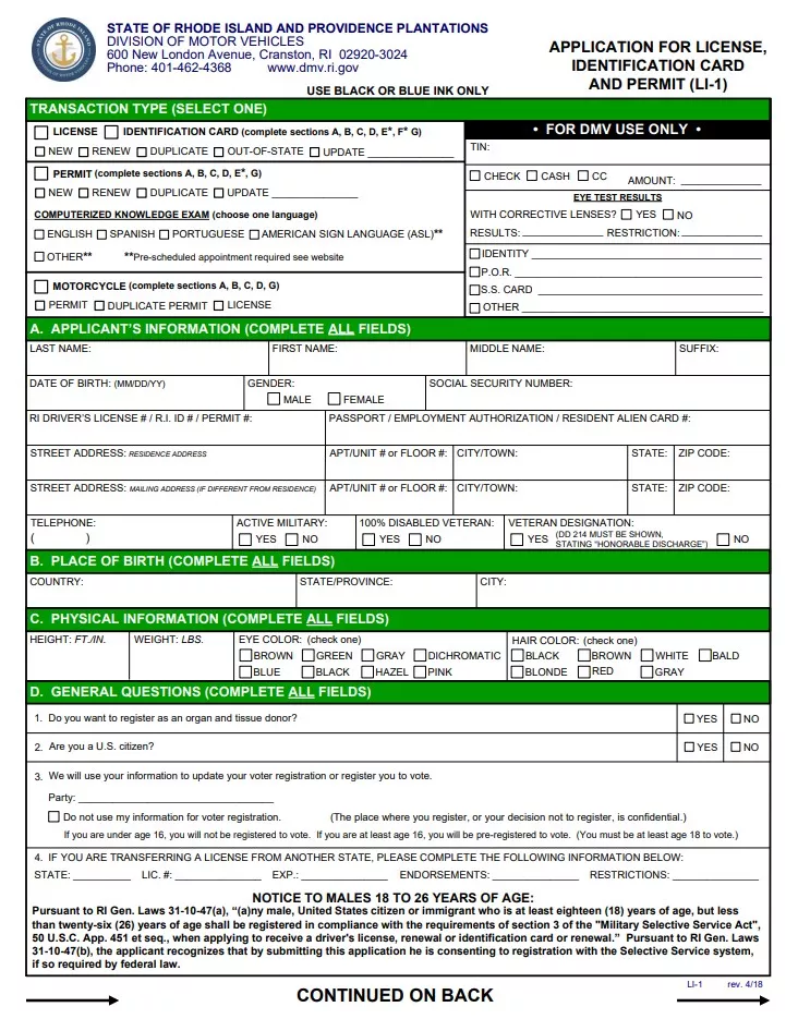 Fillable Form LI-1 Rhode Island Driver License Replacement | PDFRun