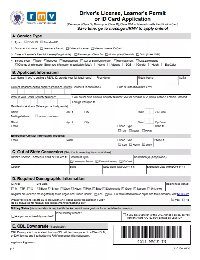 Fillable Form Massachusetts Driver's License Application | PDFRun