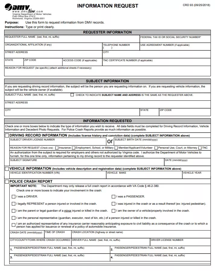 Fillable Form Virginia Driver Record Request (CRD 93) | PDFRun