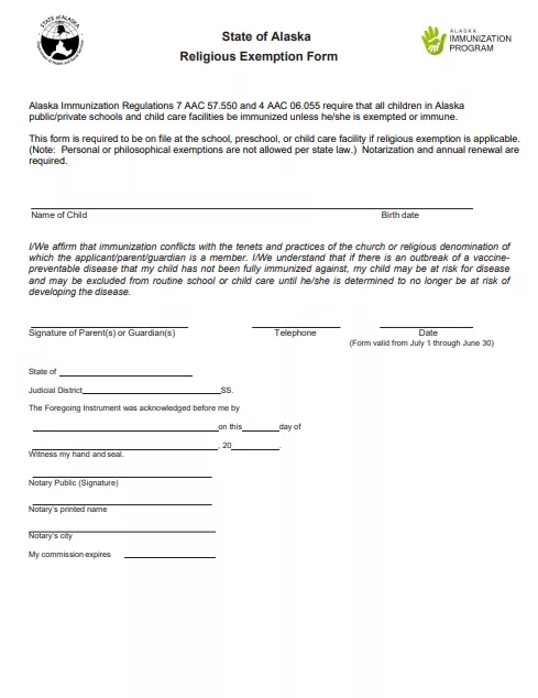 Fillable Form Alaska Immunization Religious Exemption | PDFRun