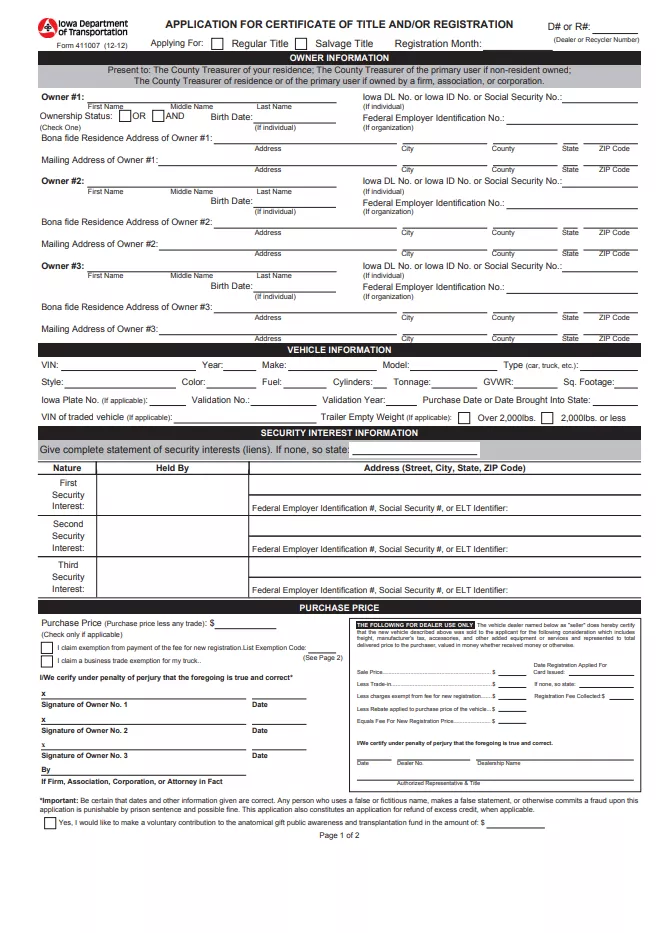 Fillable Form Iowa Vehicle Registration (411007) | PDFRun
