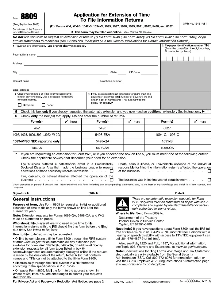 Fillable Form 8809 (2017) | Edit, Sign & Download in PDF | PDFRun