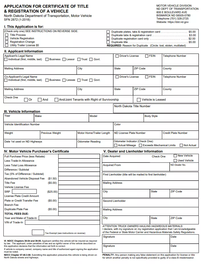 Fillable Form North Dakota Vehicle Registration (SFN 2872) | PDFRun