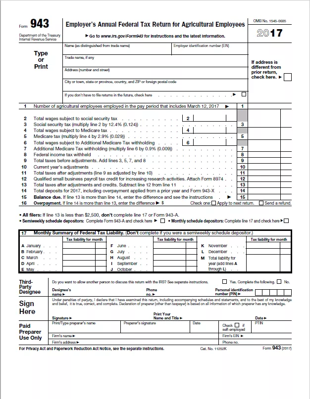 Fillable Form 943 (2017) | Edit, Sign & Download in PDF | PDFRun