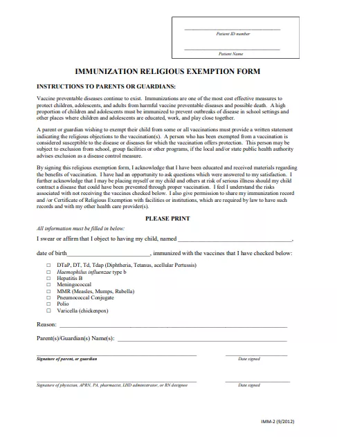 Fillable Form Immunization Religious Exemption | PDFRun