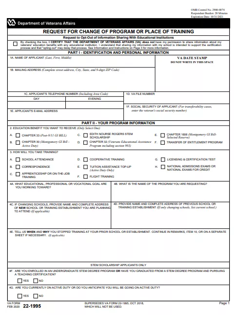 Fillable Form VA 22-1995 (2020) | Edit, Sign & Download in PDF | PDFRun