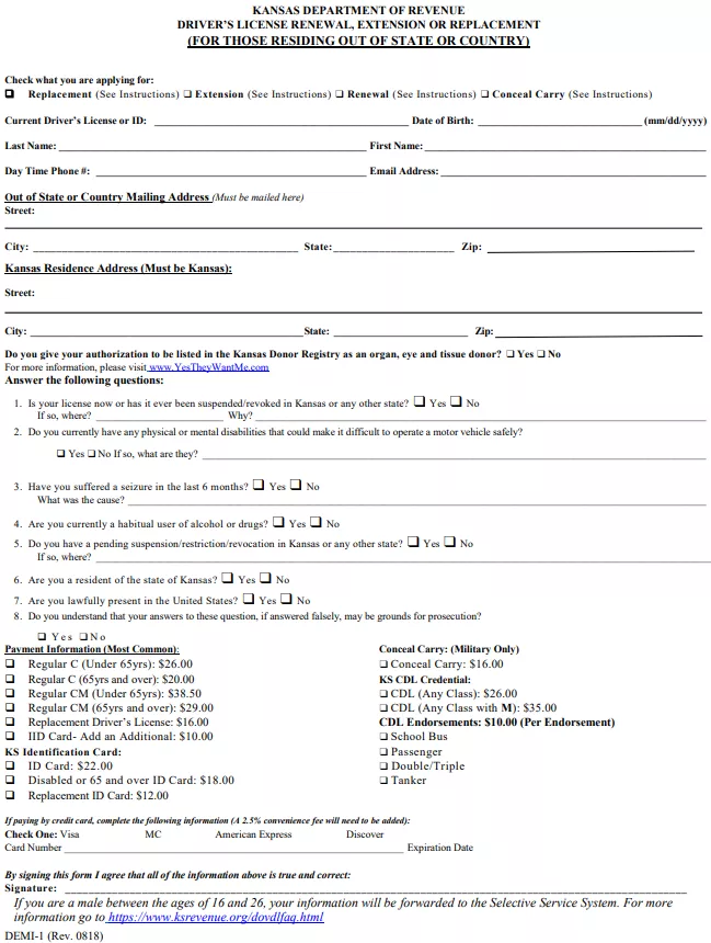 Fillable Form Kansas Driver License Renewal (2018)