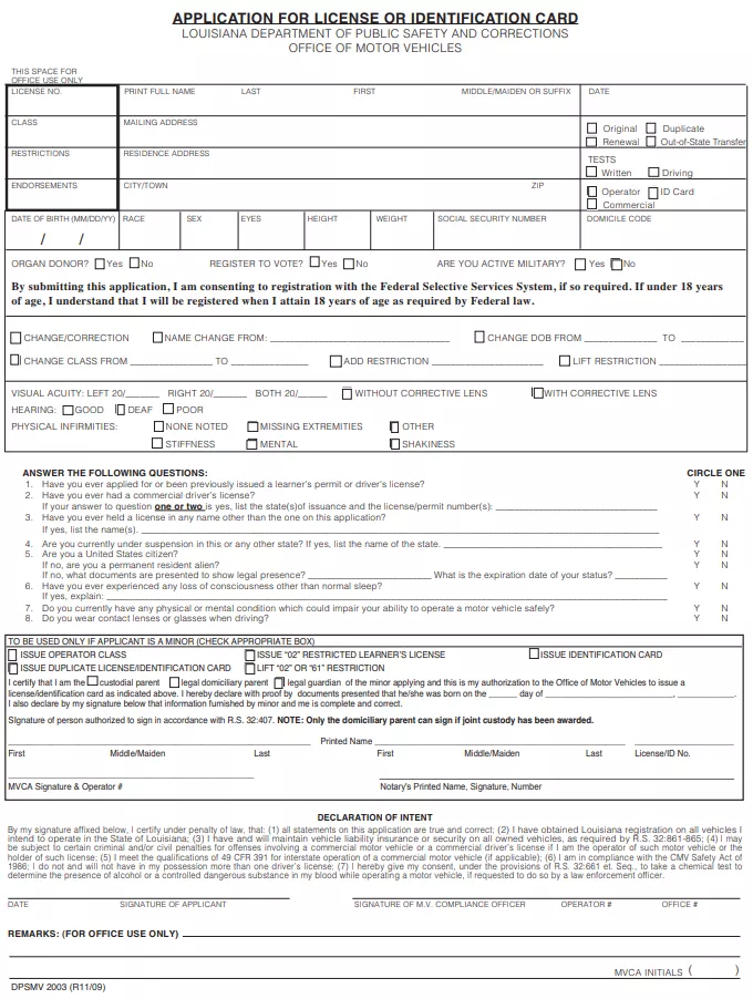 Fillable Form Louisiana State ID Application (DPSMV 2003) | PDFRun