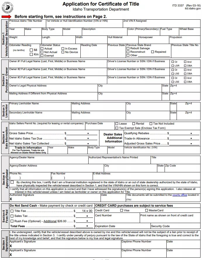 Fillable Form Idaho Vehicle Title Transfer (ITD 3337) | PDFRun
