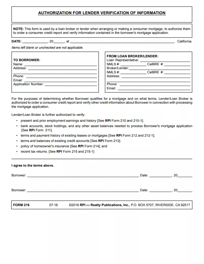 Fillable Form Authorization for Lender Verification of Information