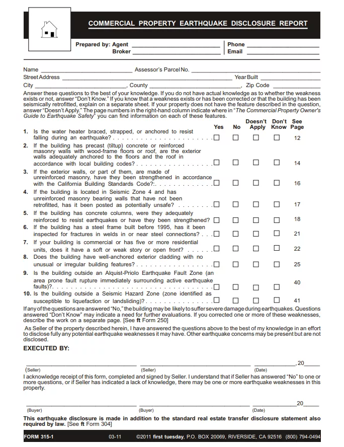 Fillable Form Commercial Property Earthquake Disclosure Report