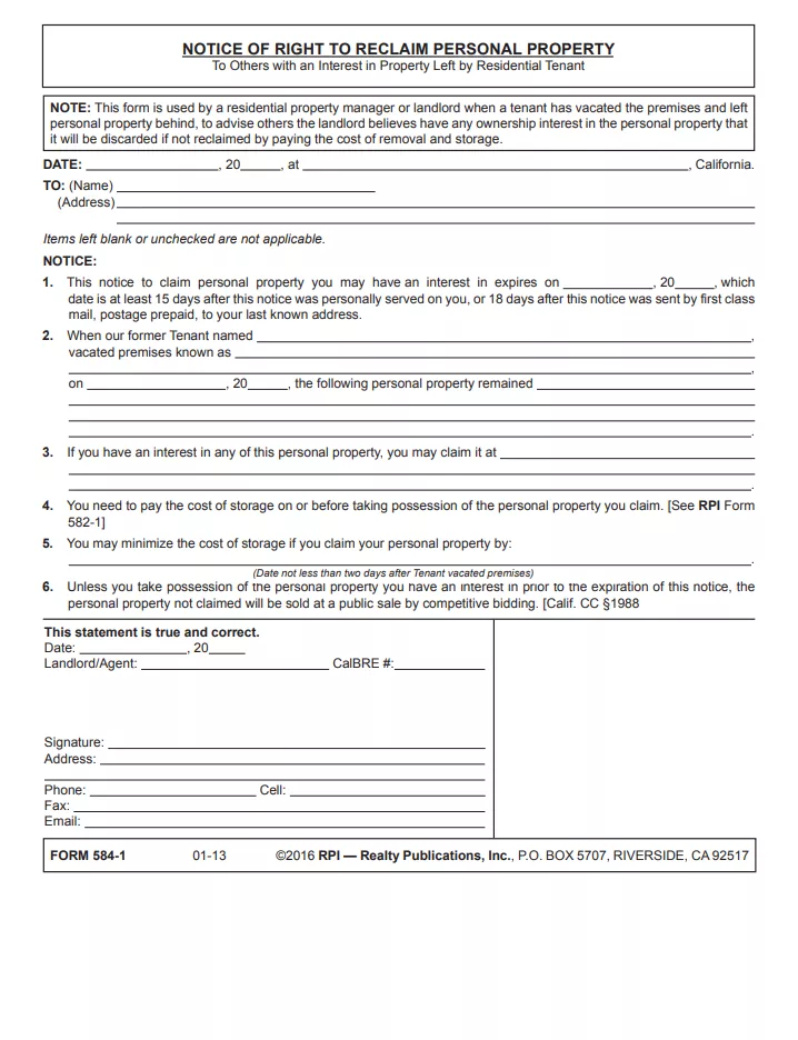 Fillable Form Notice of Right to Reclaim Property Residential Others