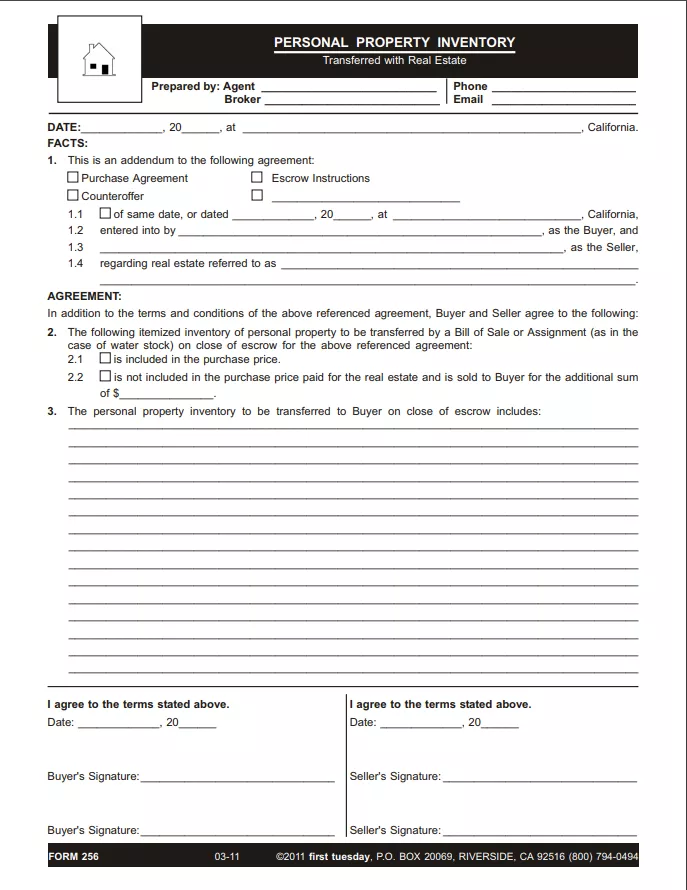 Fillable Form Personal Property Inventory Transferred With Real Estate ...